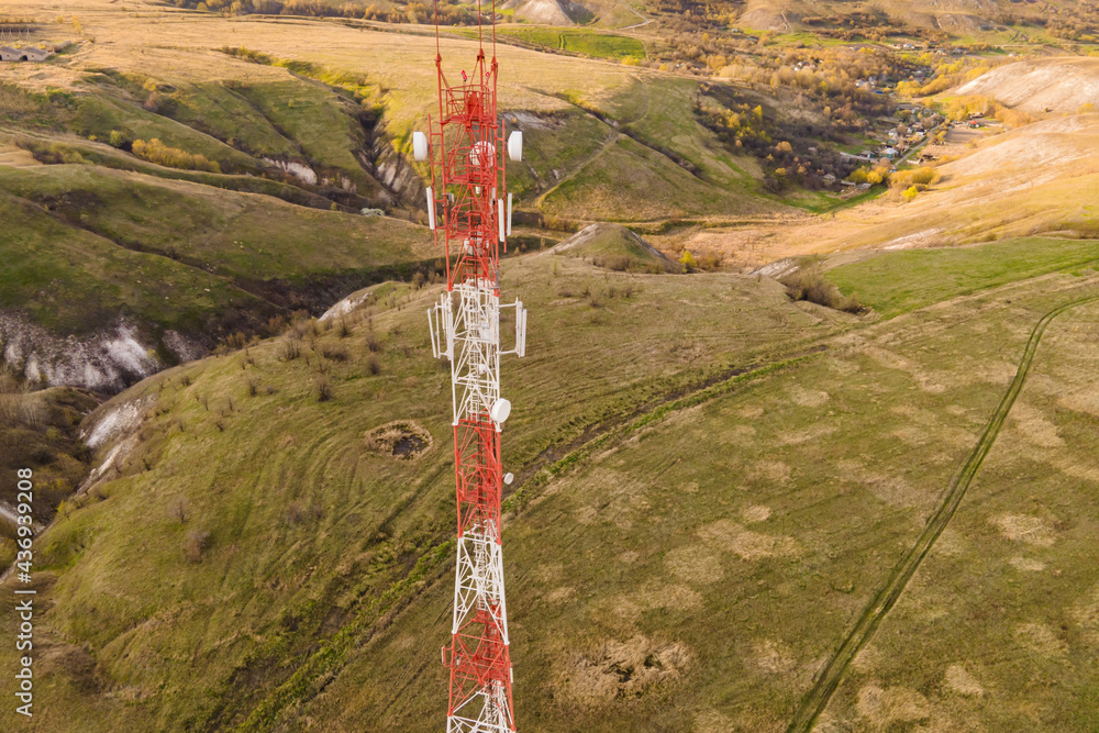Telecommunication antenna tower 5G. Telecom tower antennas and satellite transmits the signals ...