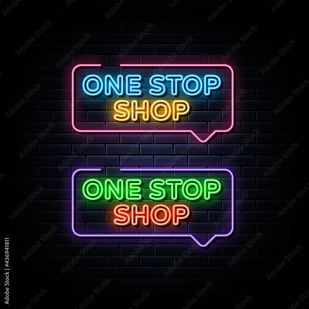 One stop shop. Vector hand drawn speech bubble icon. Neon sign style ...
