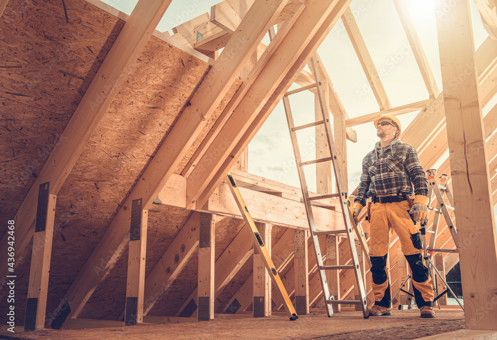 Professional Construction Worker Inside Newly Built Wooden Frame House ...