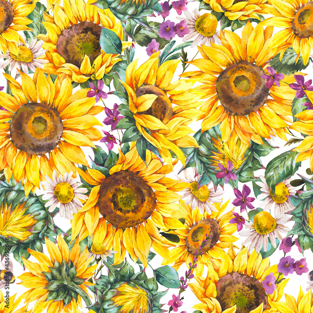 Watercolor sunflowers summer vintage seamless pattern. Natural yellow ...