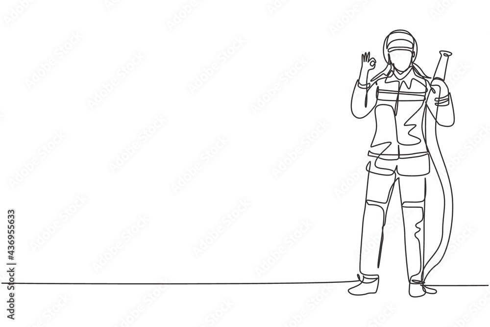 Single one line drawing firefighters stood wearing helmets and uniforms ...