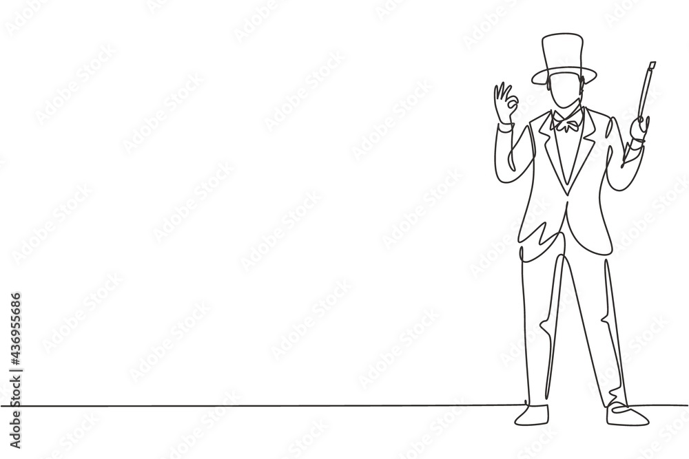 Continuous one line drawing magician stands with gesture okay wearing ...