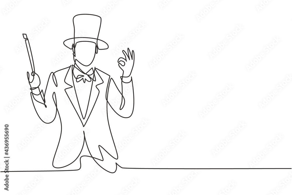 Continuous one line drawing magician with gesture okay wearing hat and ...