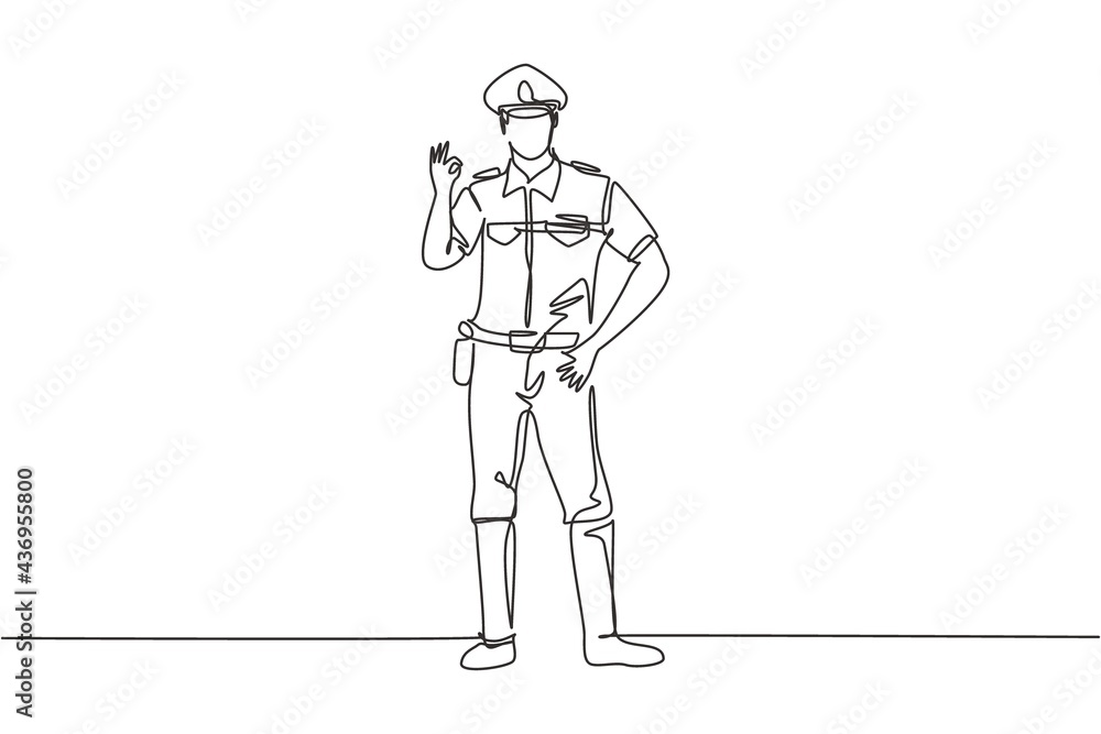 Continuous one line drawing policeman standing with gesture okay and ...