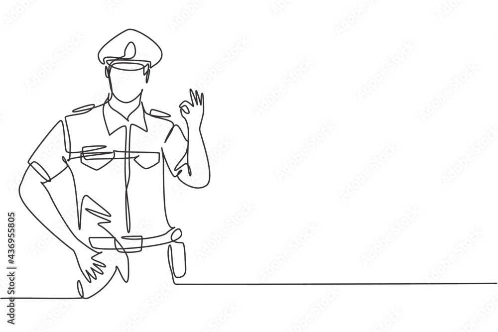 Single continuous line drawing policeman with gesture okay and full ...