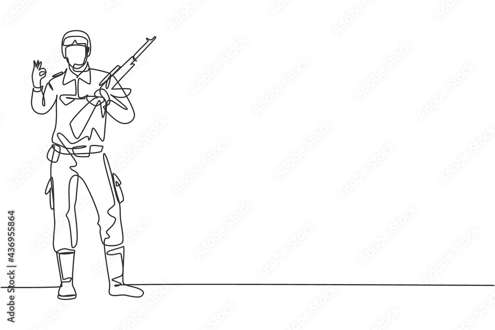Single continuous line drawing Soldier stands with weapon, full uniform ...