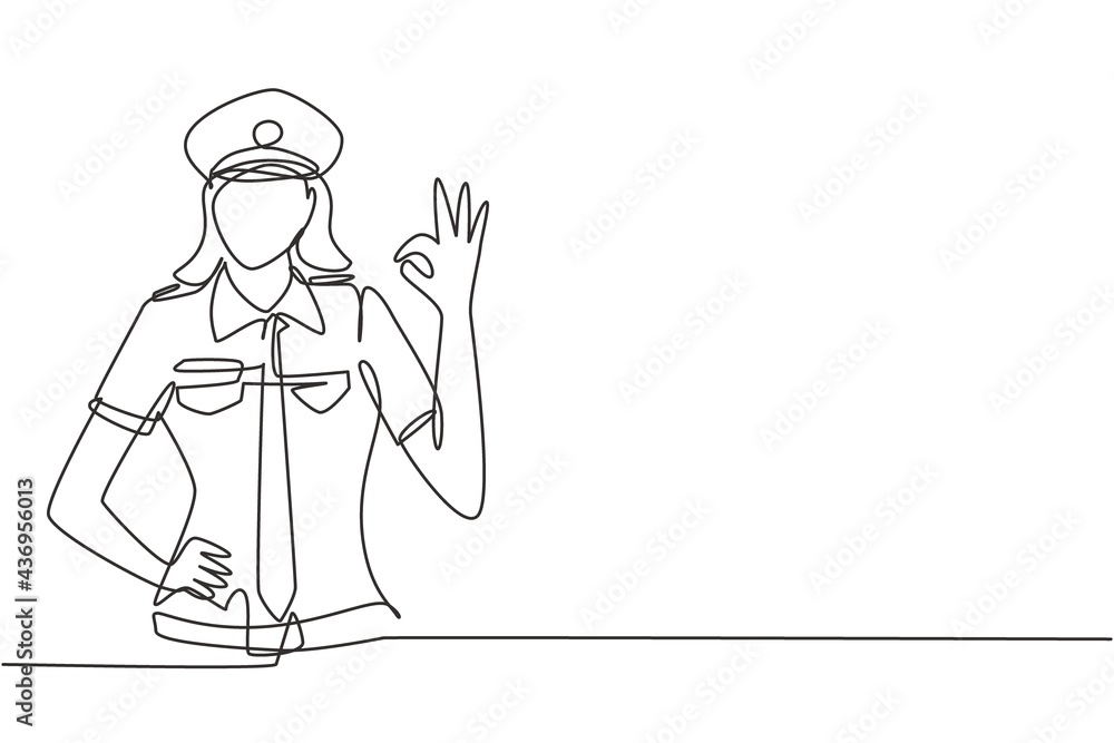 Single continuous line drawing female pilot with gesture okay and ...