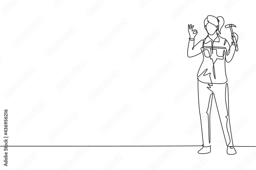 Single one line drawing female carpenter standing with gesture okay ...
