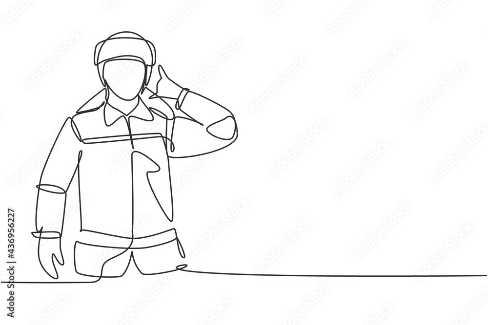 Single one line drawing firefighters with uniform, call me gesture and ...