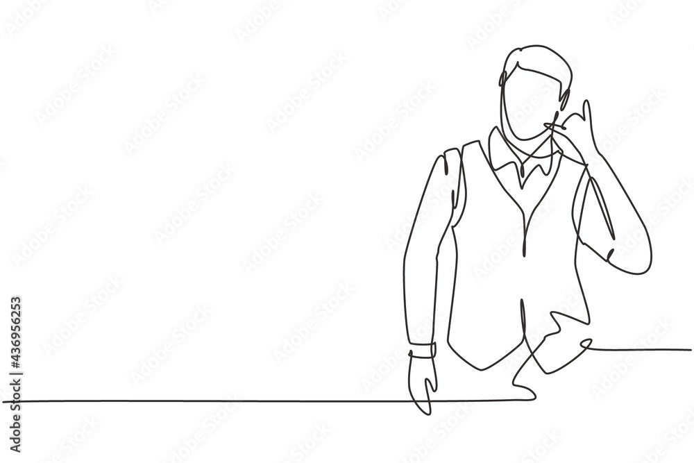 Continuous one line drawing steward with call me gesture ready to serve ...