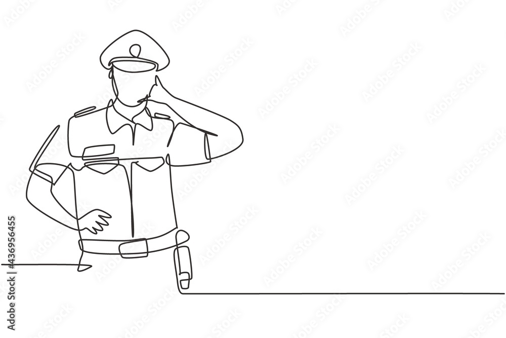 Single continuous line drawing policeman with call me gesture and ...