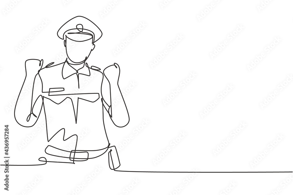 Continuous one line drawing policeman with celebrate gesture and full ...
