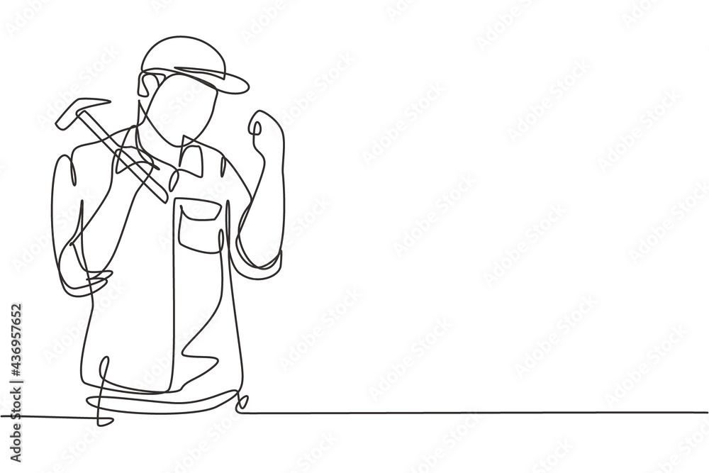 Single continuous line drawing carpenter with celebrate gesture works ...