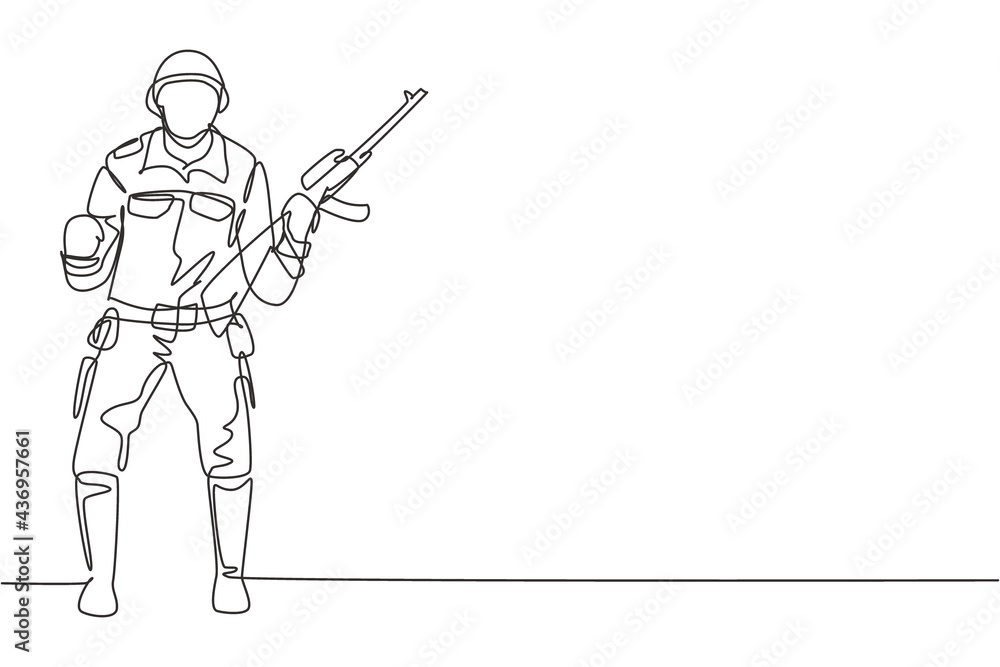 Continuous one line drawing soldier stands with weapon, full uniform ...