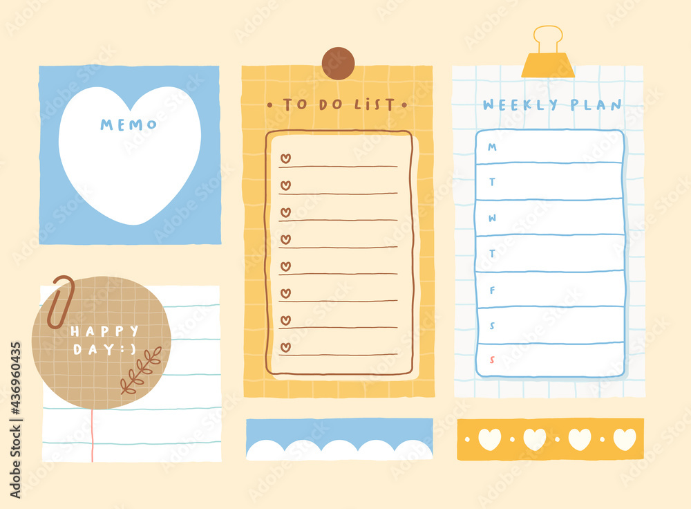 Cute memo template. A collection of striped notes, blank notebooks, and ...