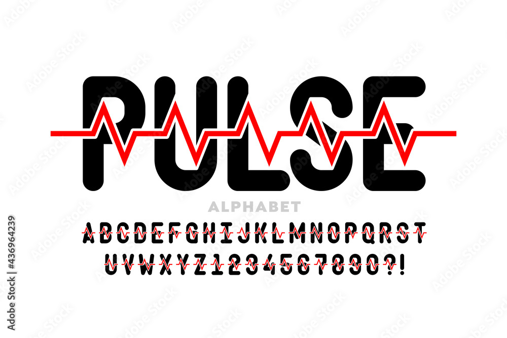 Heartbeat pulse line style font, alphabet letters and numbers vector ...