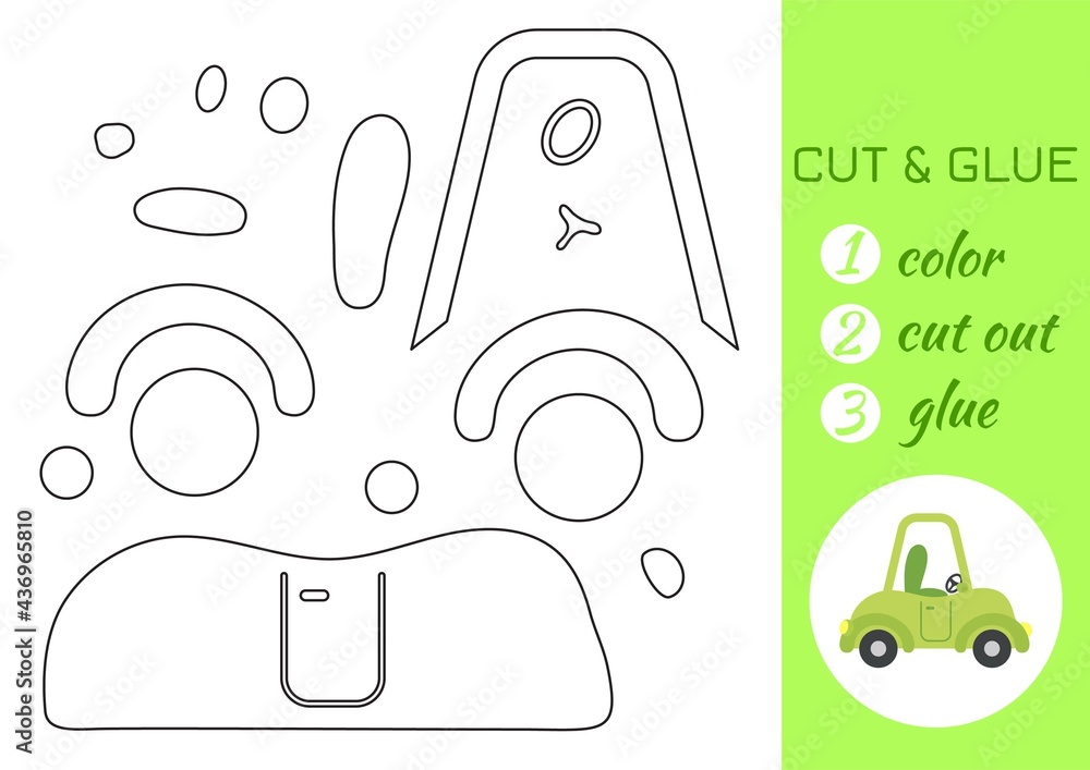 Color, cut and glue paper green car. Cut and paste craft activity page ...
