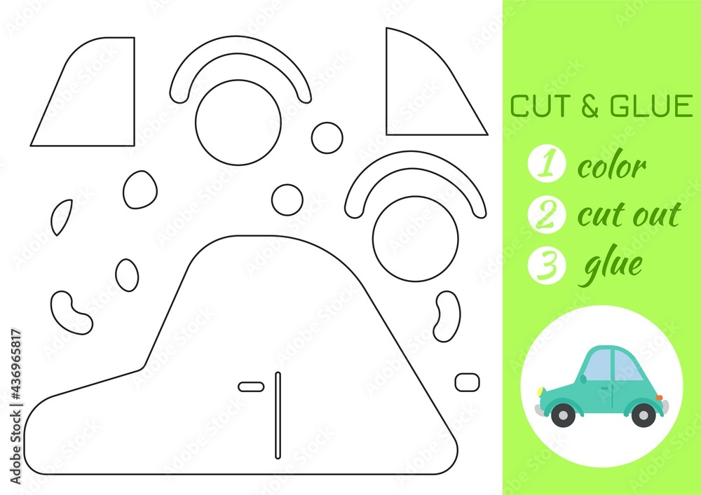 Color, cut and glue paper green car. Cut and paste craft activity page ...