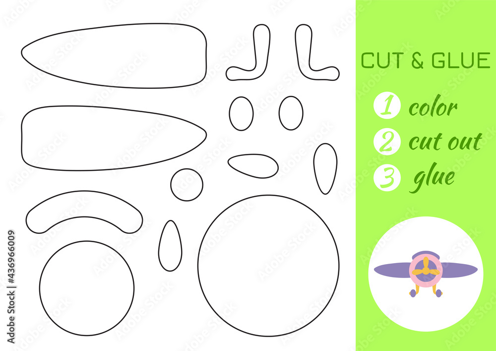 Color, cut and glue paper pink-violet airplane. Cut and paste craft ...