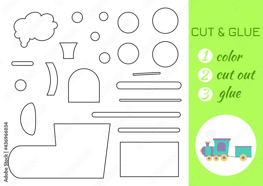 Color, cut and glue paper green train. Cut and paste craft activity ...