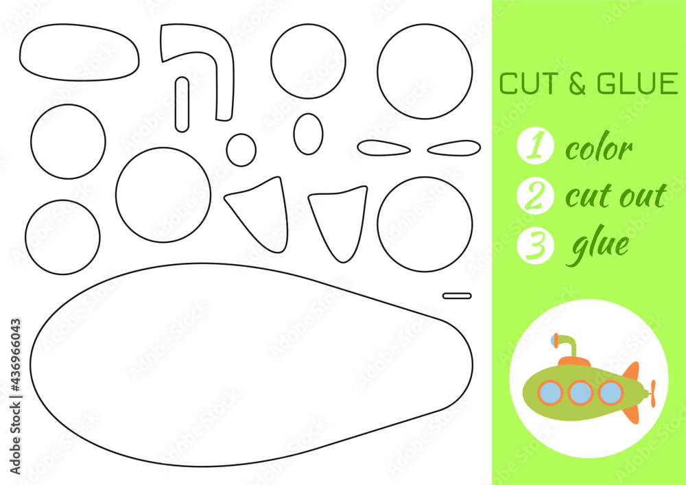 Color, cut and glue paper green submarine. Cut and paste craft activity ...