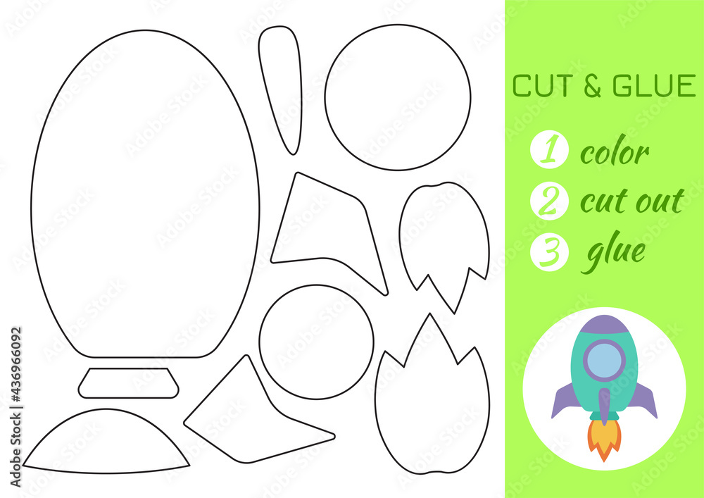 Color, cut and glue paper green rocket. Cut and paste craft activity ...