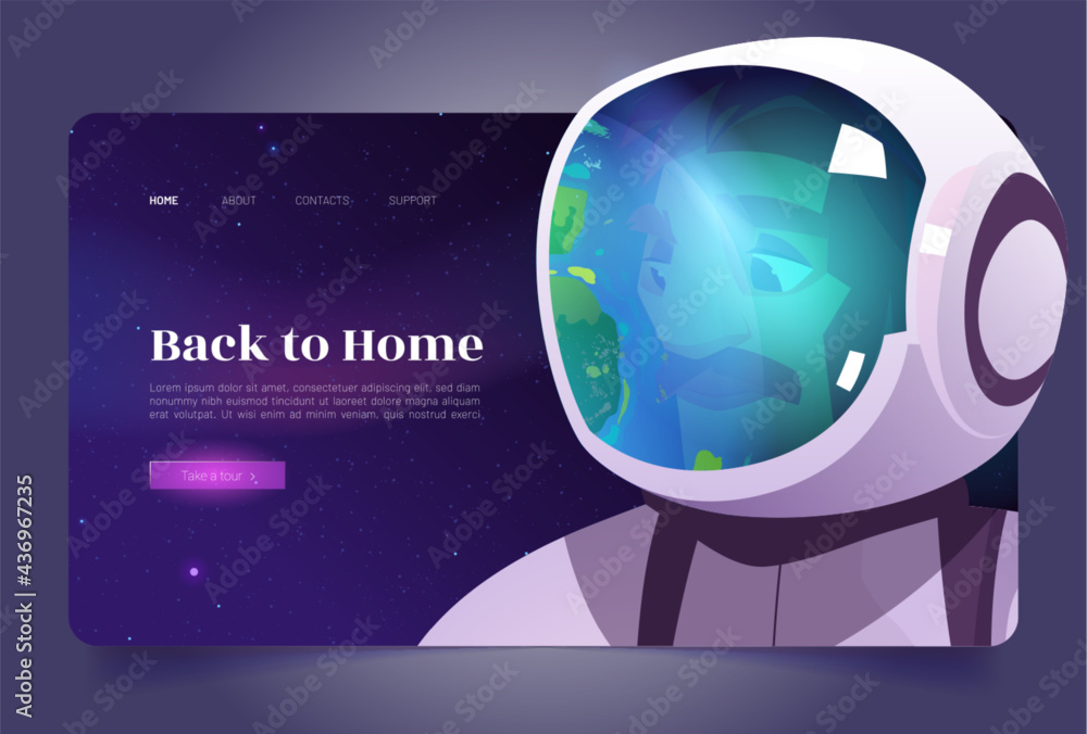 Back to home cartoon landing page, astronaut travel in galaxy. Spaceman ...