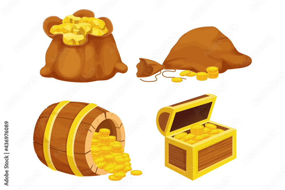 Set wooden barrel, chest and old bag with shiny gold coins, golden ...