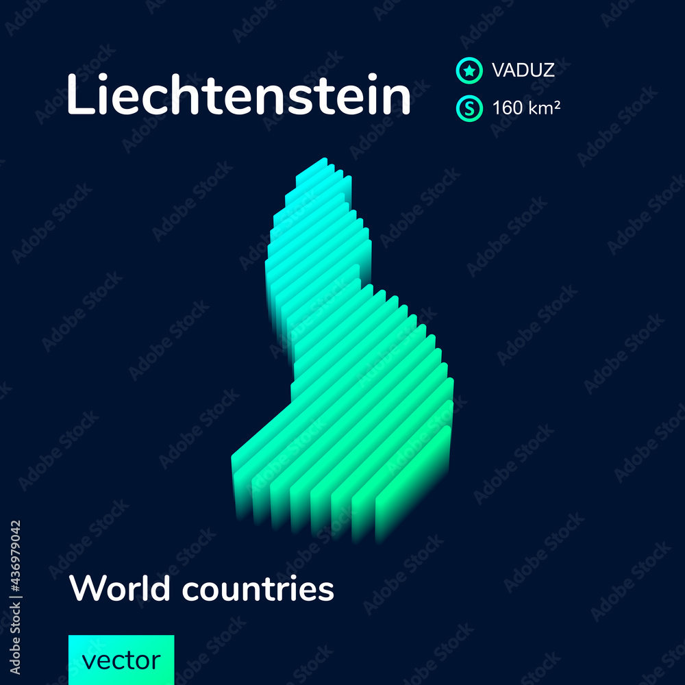 Isometric 3d vector Liechtenstein map in neon turquoise colors on a ...
