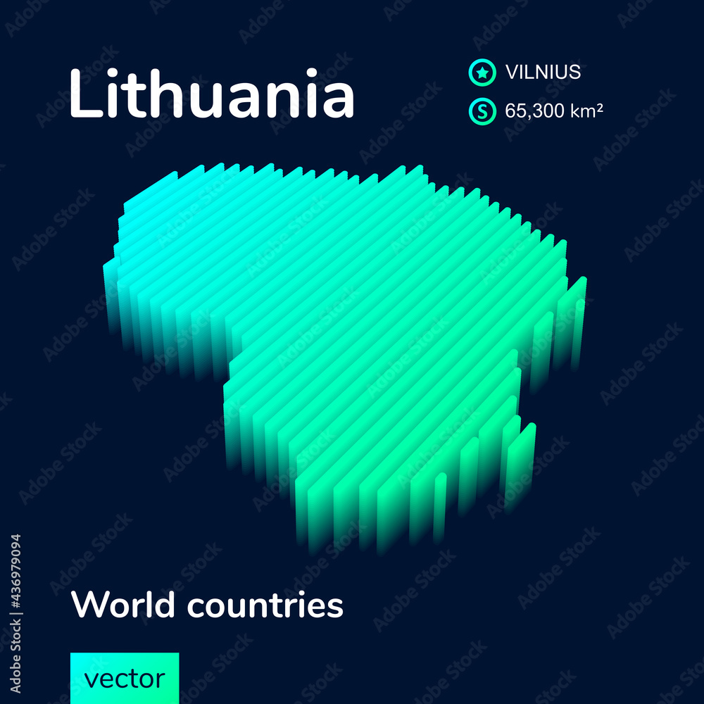 Isometric 3d vector Lithuania map in neon turquoise colors on a dark ...