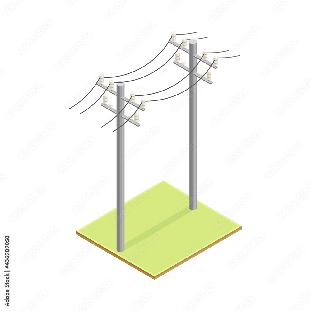 Utility Pole Supporting Overhead Electric Power Lines Isometric Vector ...