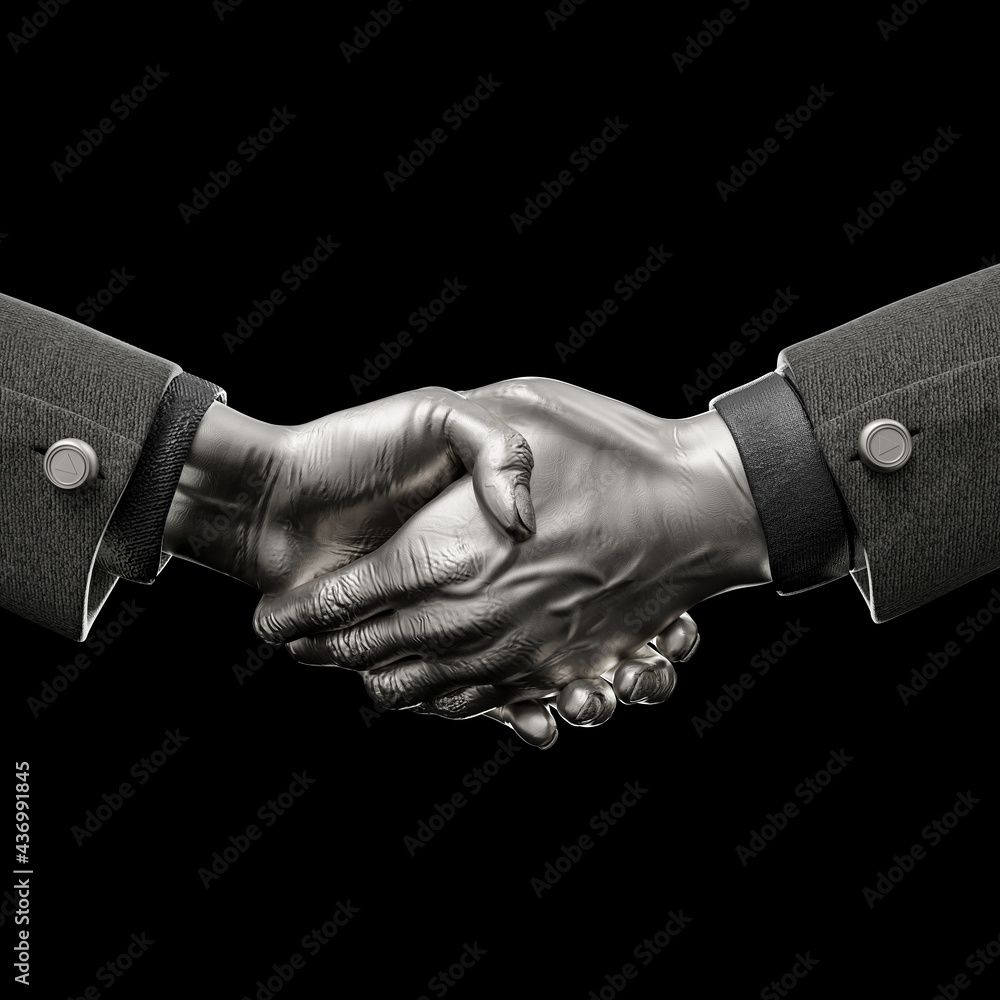 Business people shaking hands. Metal hand represents strong and ...