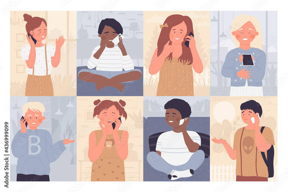 Kids talking phone, mobile remote communication with positive emotions ...
