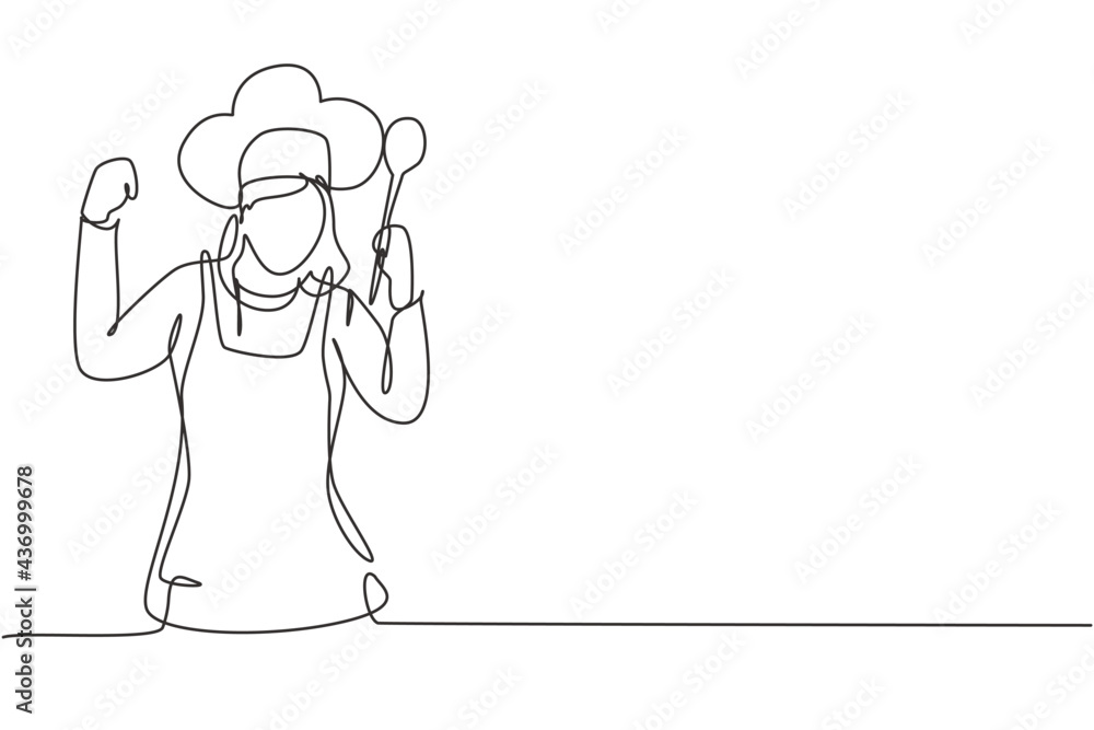 Single one line drawing female chef with celebrate gesture, holding ...