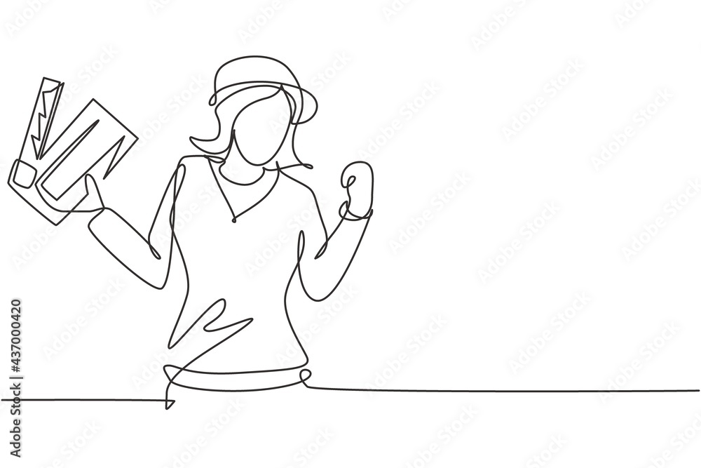 Single one line drawing female film director with celebrate gesture ...