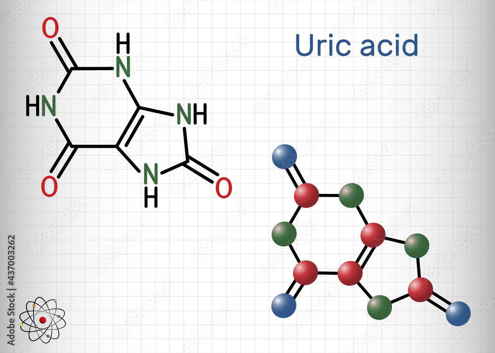 Uric acid molecule. It is heterocyclic compound, crystalline product of ...
