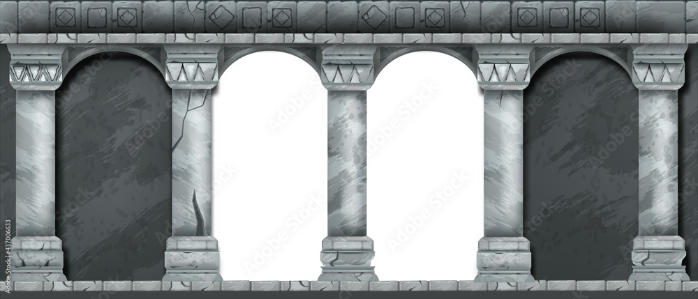Stone ancient arch, vector castle wall, marble gray pillars ...