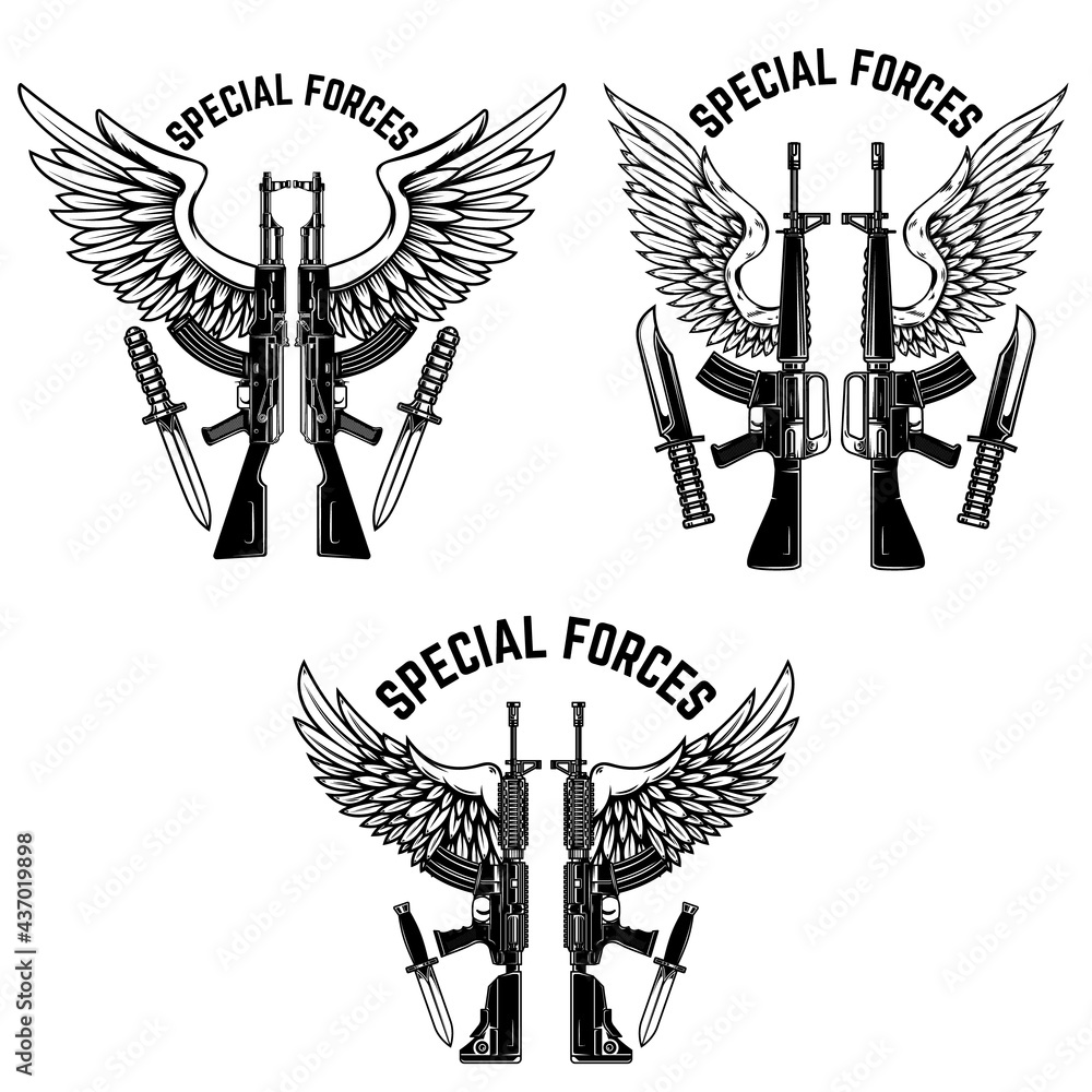Special forces. Set of assault rifles with wings. Design element for ...