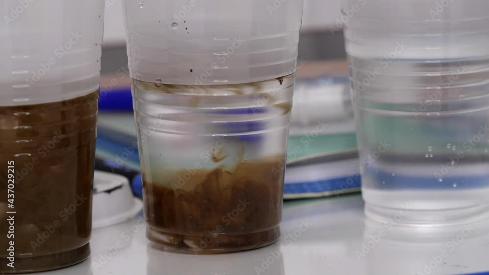 Hands drip brown paint into a plastic glass. Drop of the brow dye or ...