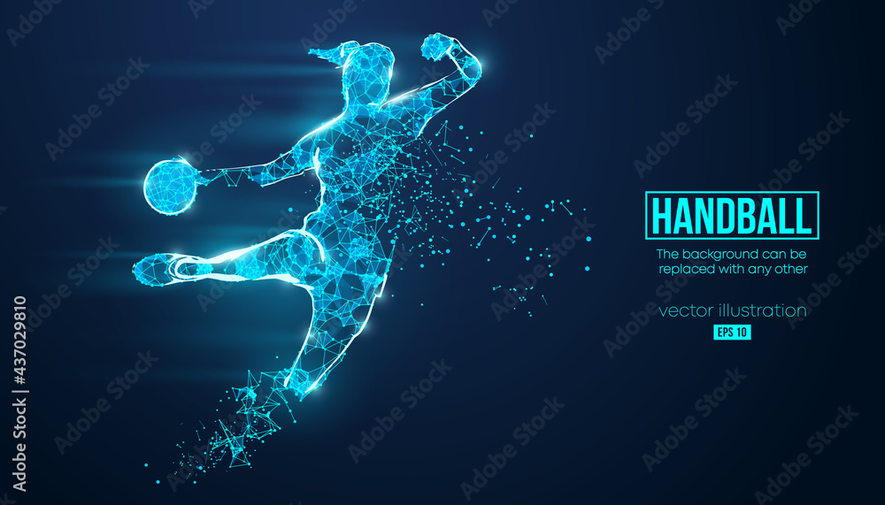Abstract silhouette of a wireframe handball player from particles on ...
