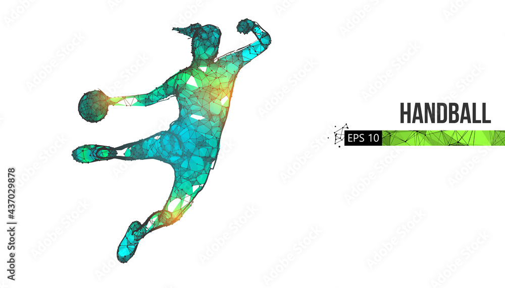 Abstract silhouette of a wireframe handball player from particles on ...