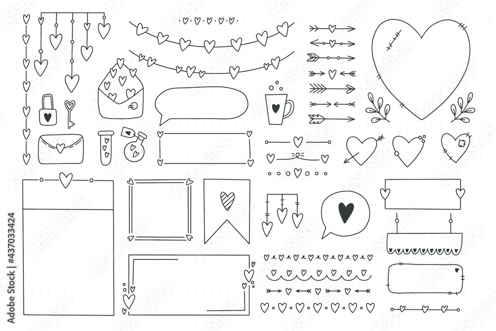 Cute bullet journal element doodles with hearts, love theme.Hand drawn ...