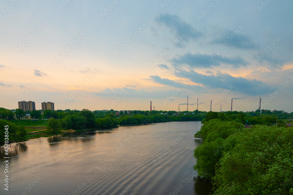 Beautiful panoramic view of a tall pedestrian and water pipe bridge ...