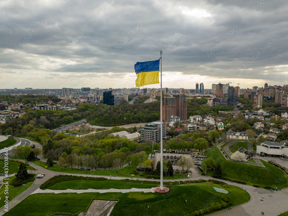 Flag of Ukraine on a high flagpole. Aerial drone view. Stock Photo ...
