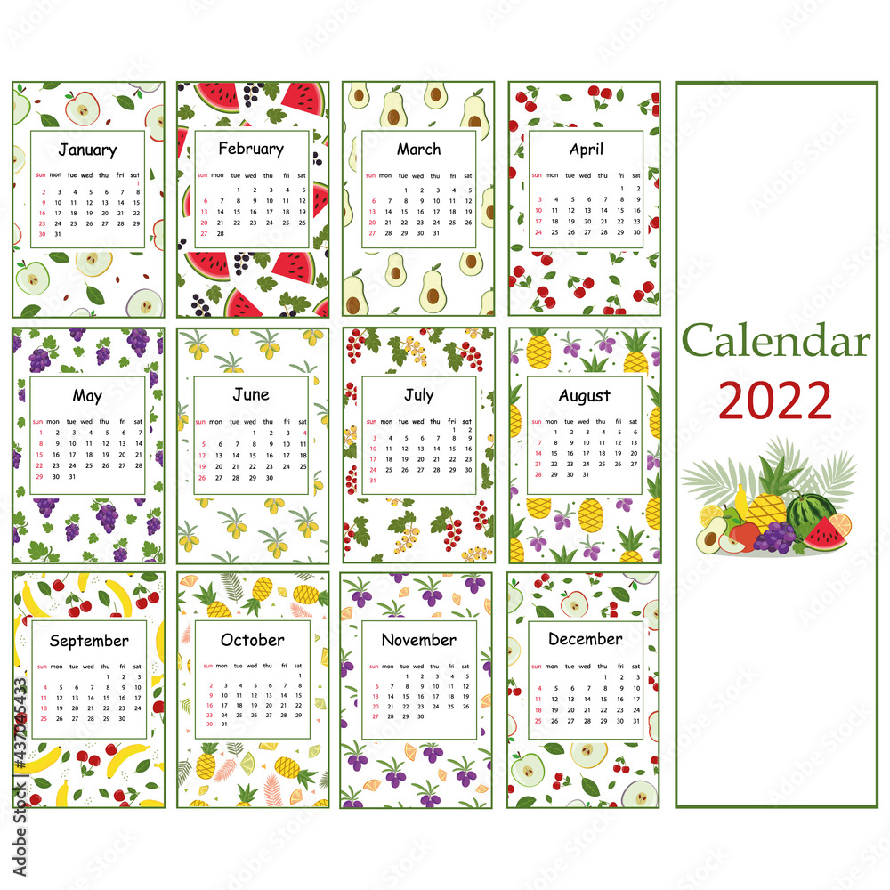 Fruit summer calendar for 2022 from fruit patterns for vegans, color ...