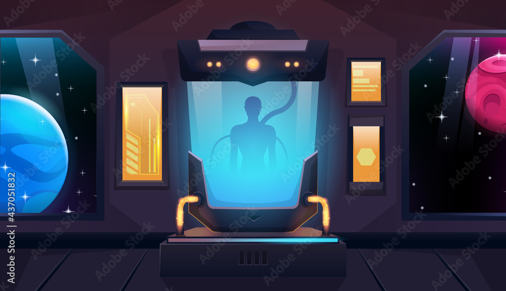 Cryogenic capsules with human or alien. Cryo camera on spaceship or ...