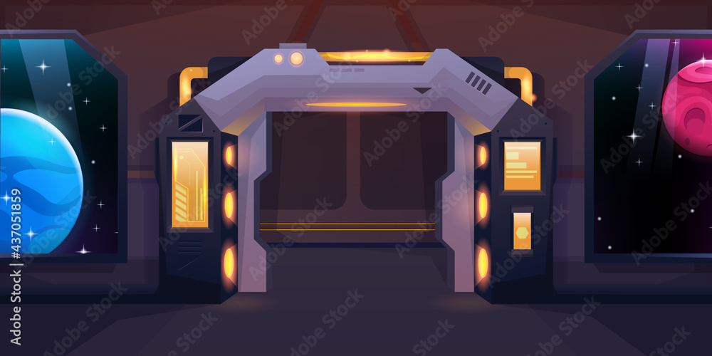 Shuttle interior with sliding open spaceship doors. Two viewports for a ...