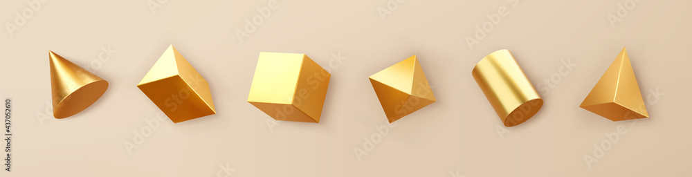 3d render gold geometric shapes objects set isolated on background ...