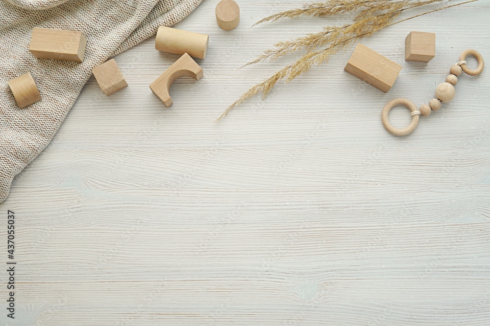 Neutral nursery, baby background, flat lay composition with natural ...