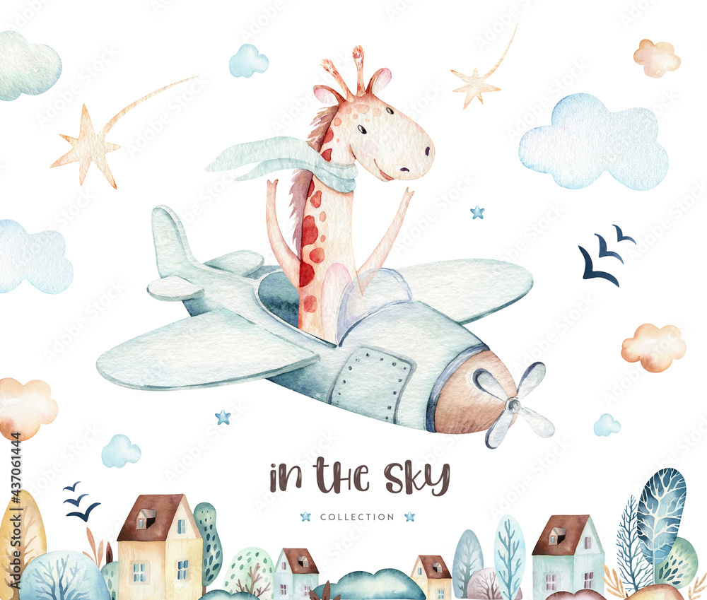 Watercolor set baby cartoon cute pilot aviation background illustration ...